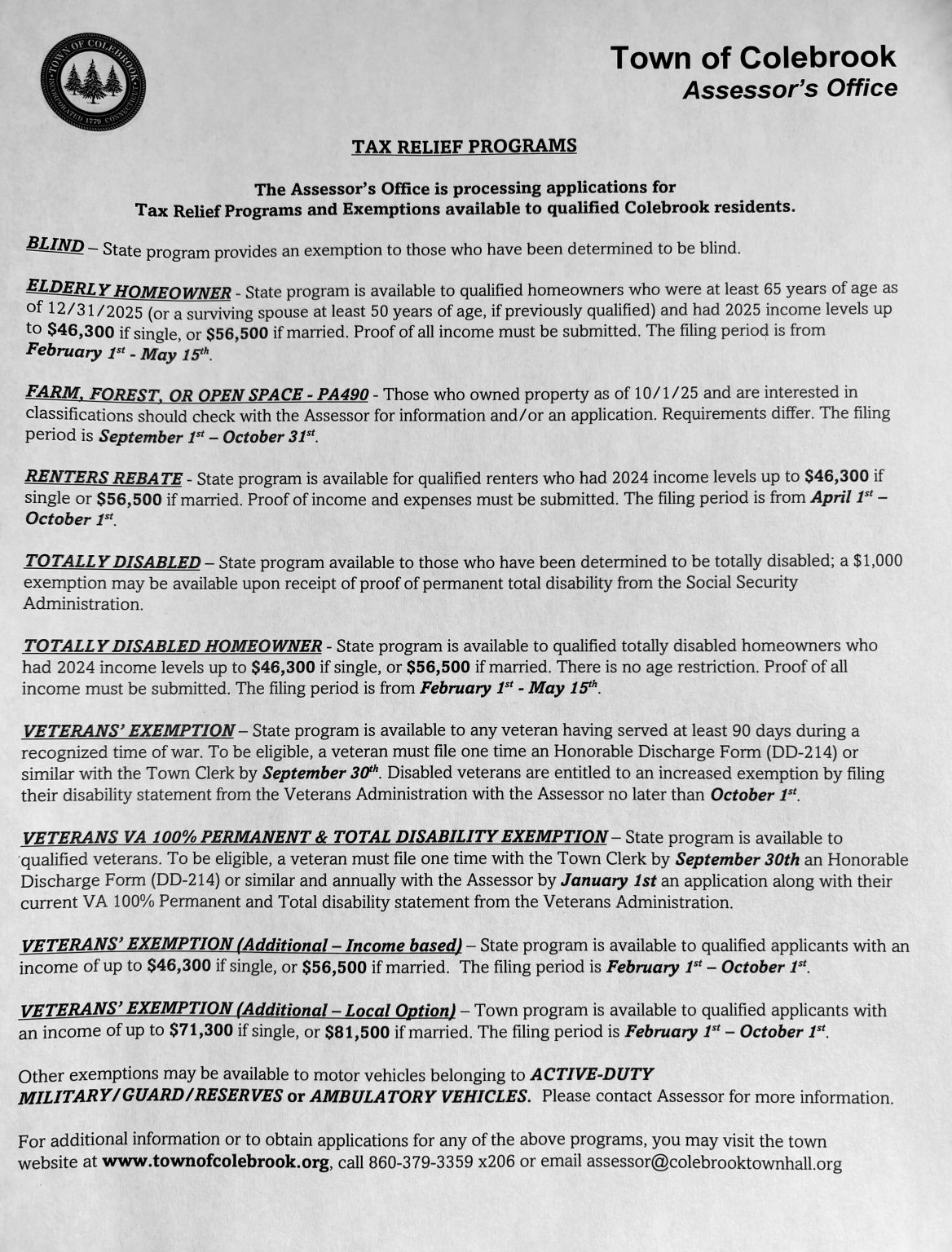 Tax Relief Programs | Town of Colebrook, Connecticut